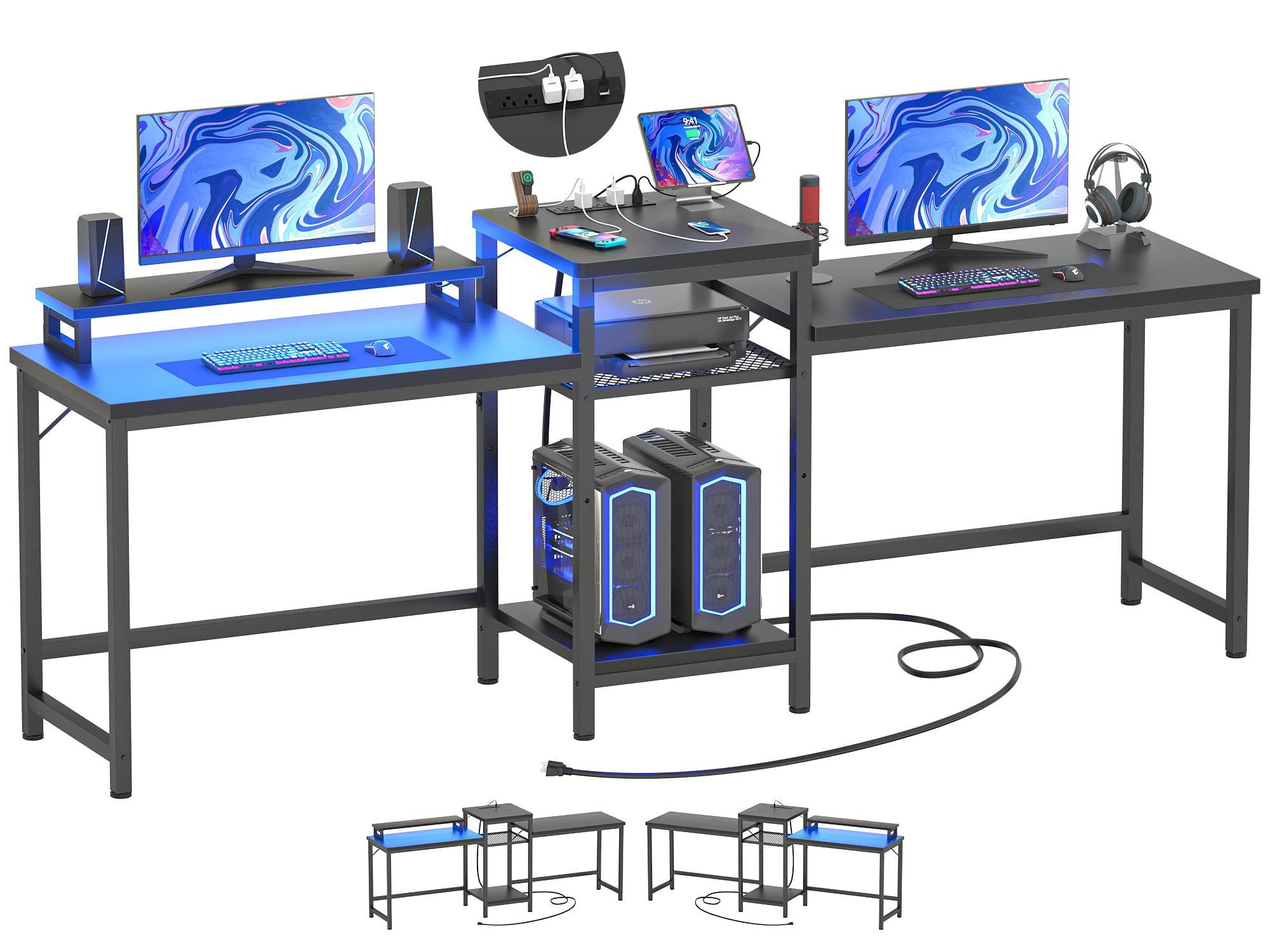 Unikito 2 Person Desk, Double Computer Desk with Power Outlets and Storage Shelves, Modern Computer Desk with Printer Stand, Extra Long Large Workstation for Home Office, Couple Gaming Desk, Black Oak