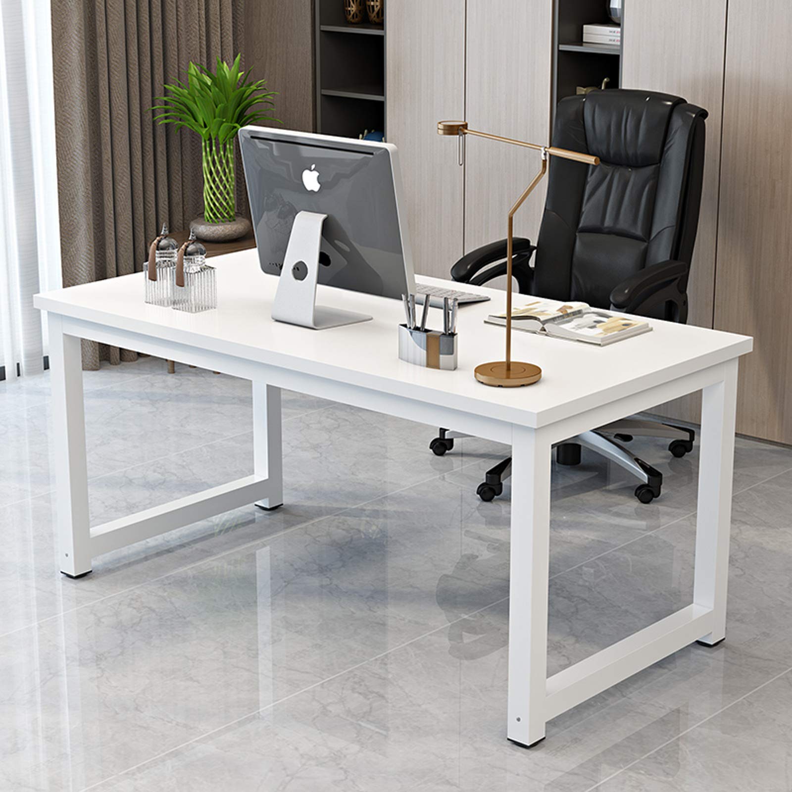 VebaCidi White Computer Desk for Home Office Laptop iPad TV Notebook PC 43" Study Writing Table Modern Simple Office Workstations White Metal Frame