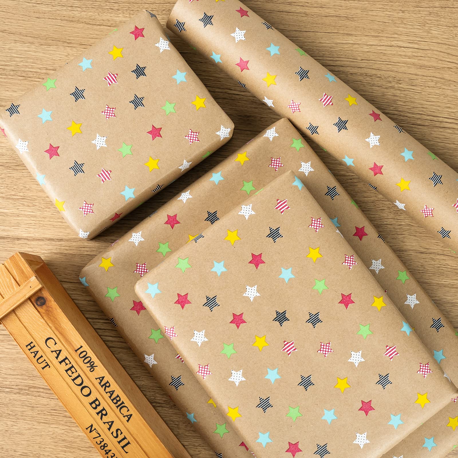 RUSPEPA Kraft Wrapping Paper Roll - Mini Roll - Colorful Star Design for All Occasions - 17 Inches X 32.8 Feet