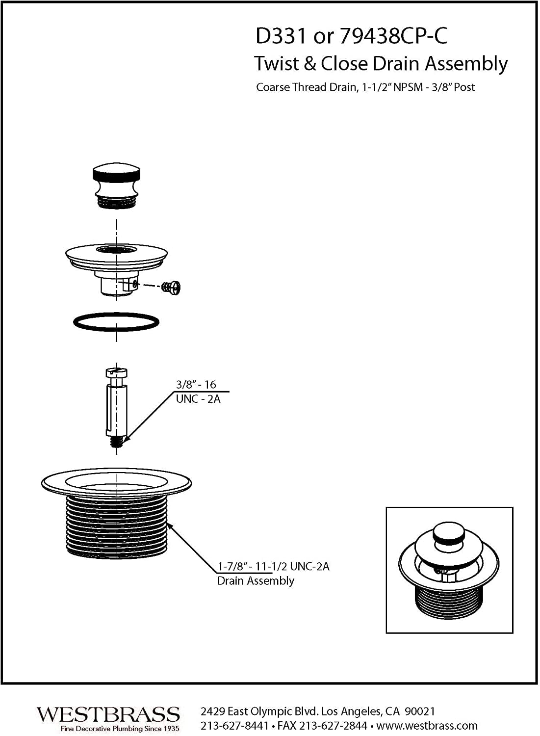 Westbrass D3324-26 1-1/2" NPSM Twist & Close Bathtub Drain Plug, Coarse Thread, Polished Chrome