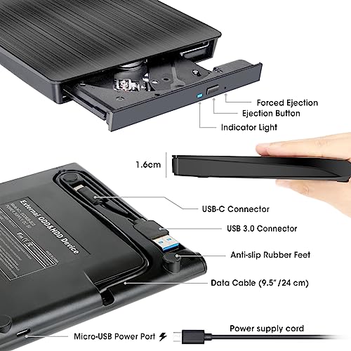 ROOFULL External CD DVD Drive USB 3.0 & USB-C with Carrying Case, Portable USB ROM +/-RW Optical Disk Drive Player Burner for Laptop Mac Computer MacBook Pro/Air, Windows 11/10/8/7 Desktop PC