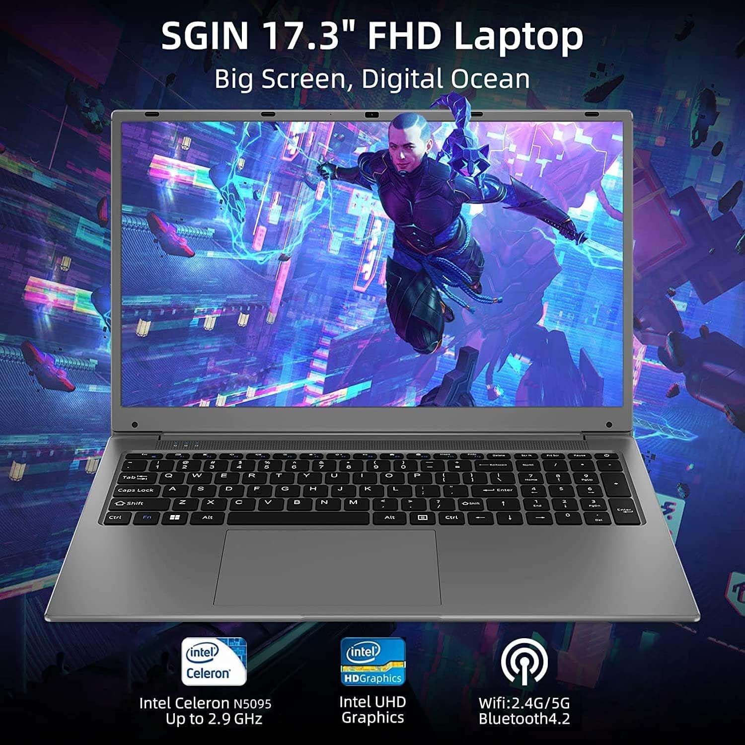 SGIN Laptop 8GB RAM 256GB SSD, 17" Notebook, Laptops with IPS Full HD Display, Intel Celeron Quad Core J4105(Up to 2.5 GHz), Mini HDMI, Webcam, Wi-Fi, Expandable Storage 512GB (Gray)