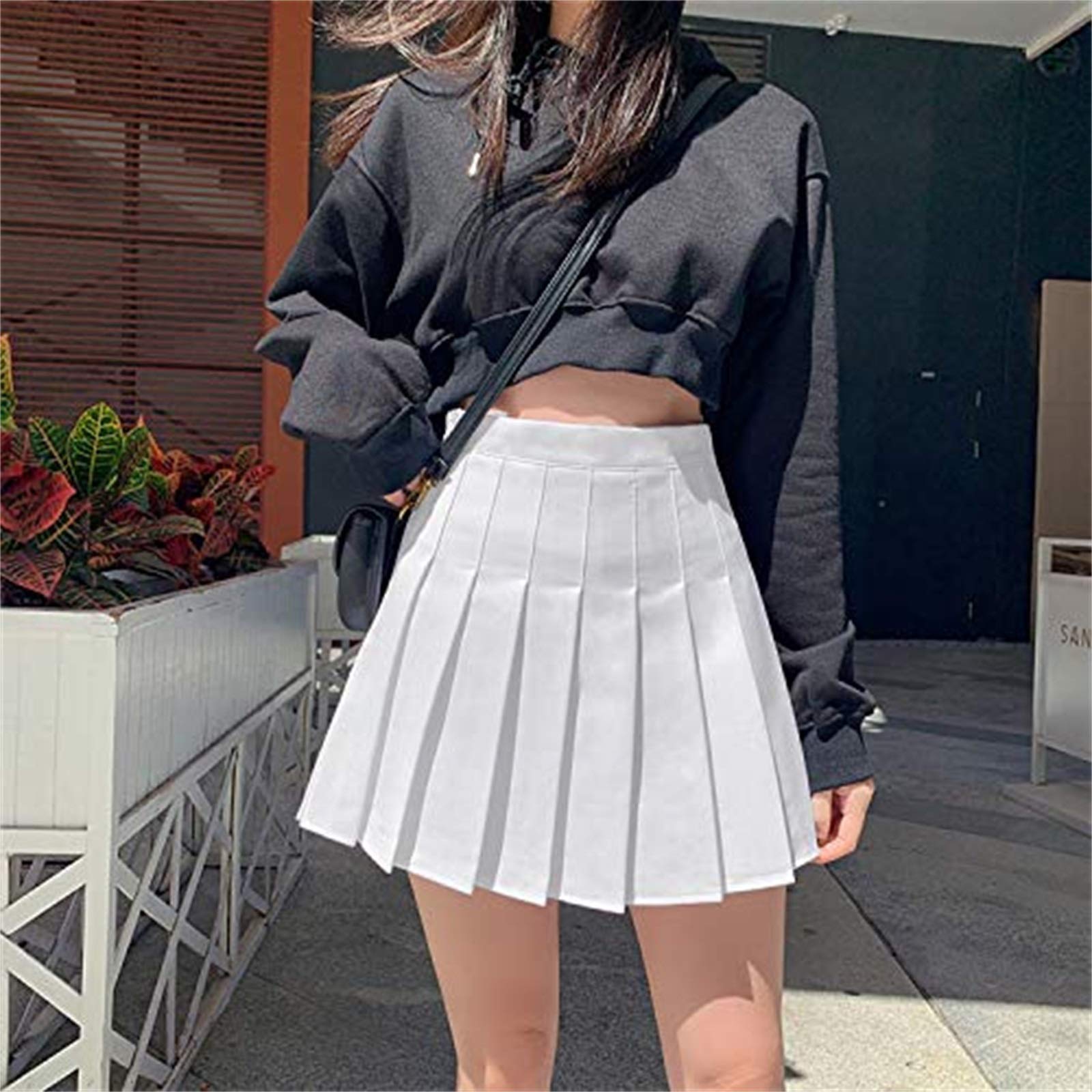 Women's High Waisted Pleated Skater A-line Short Mini Skirt Tennis School Skirt Uniform with Lining Shorts (White, M)