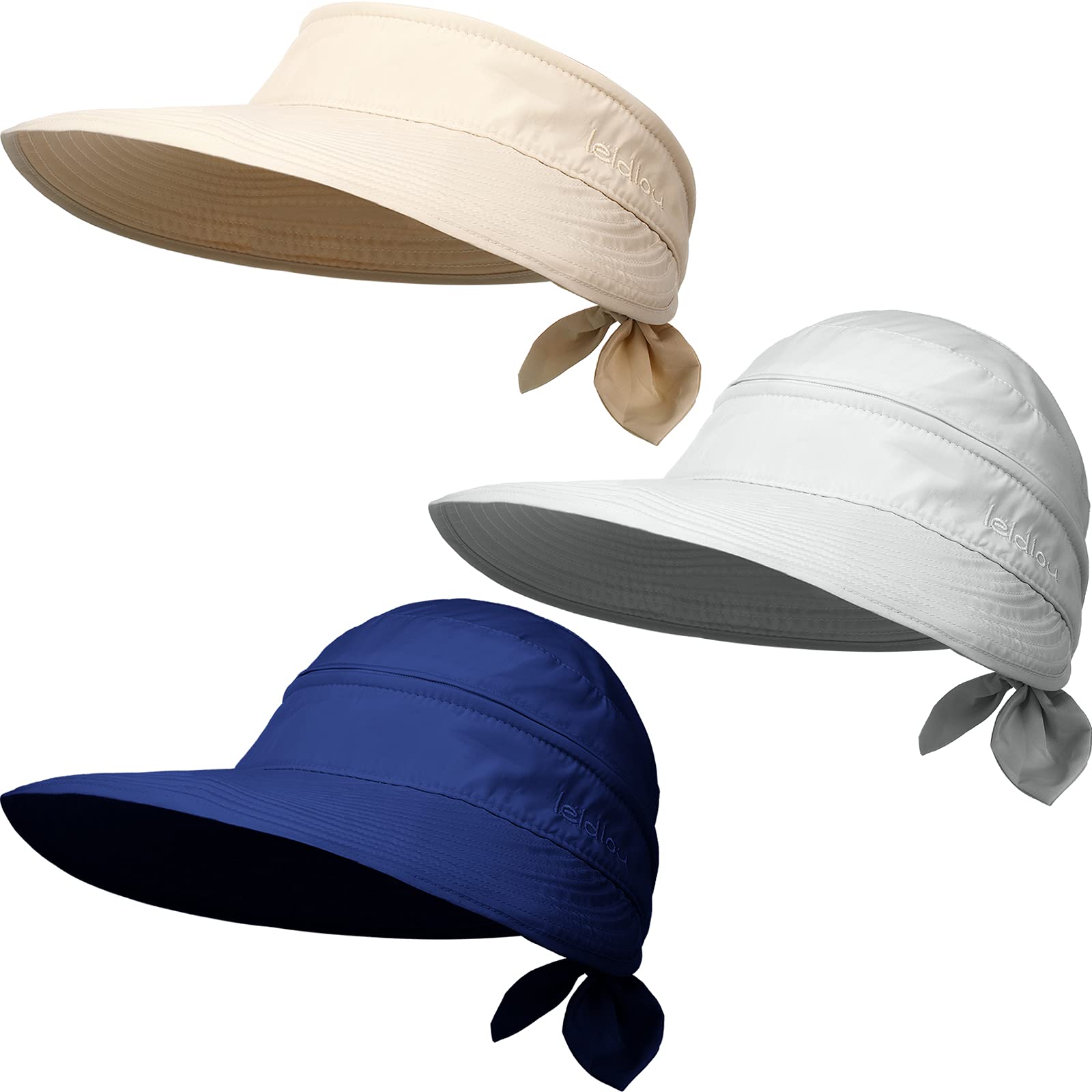 Women's Sun Hats Beach Hats with Wide Brim 2 in 1 Women UV Protection Sun Hat Packable Visor Golf Hat for Women (Beige, Navy Blue, Gray,3 Pieces)