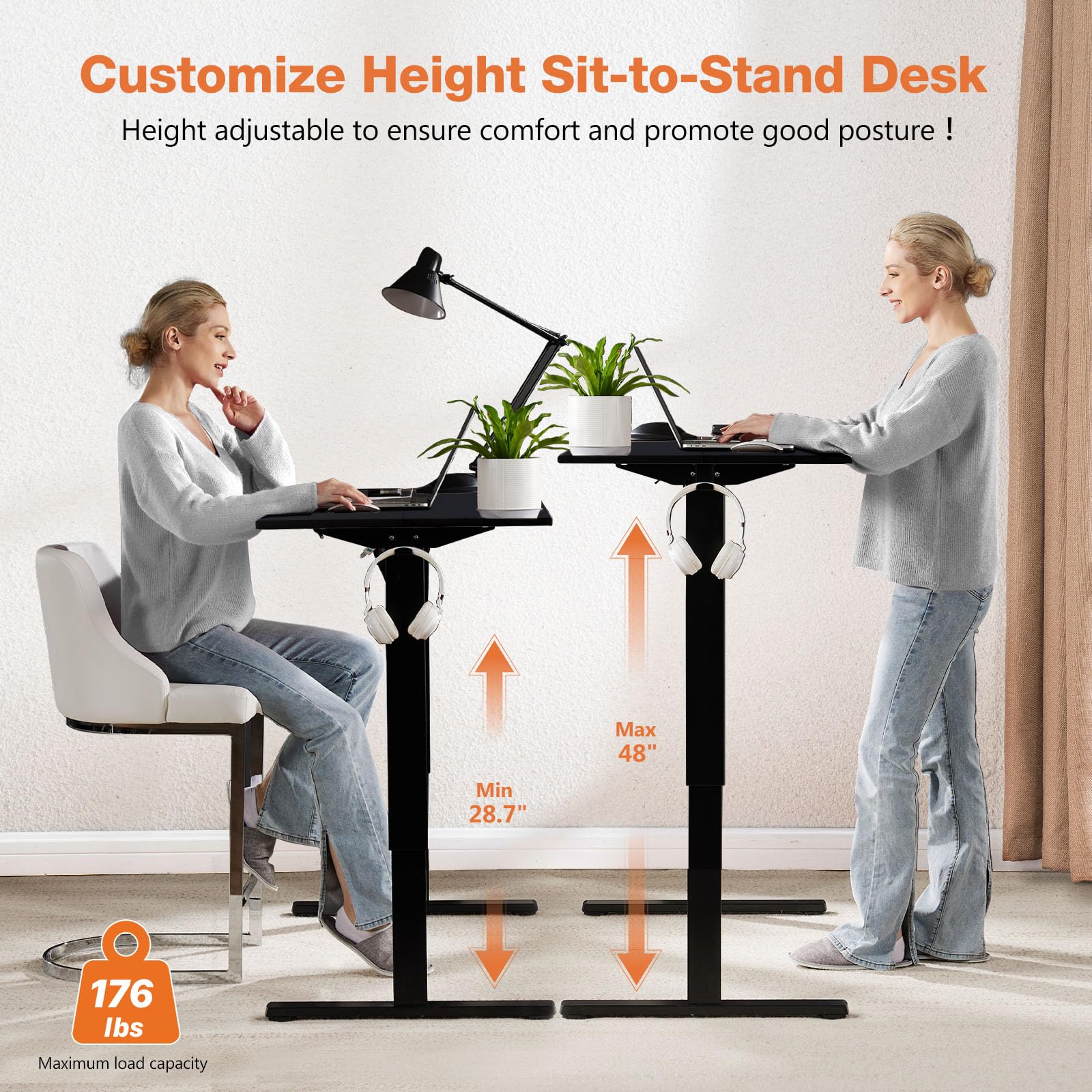 Sweetcrispy Electric Standing Desk - 40 x 24 inch Adjustable Height Sit to Stand Up Desk with Splice Board, Rising Home Office Computer Table with 2 Hook and Wire Hole for Work