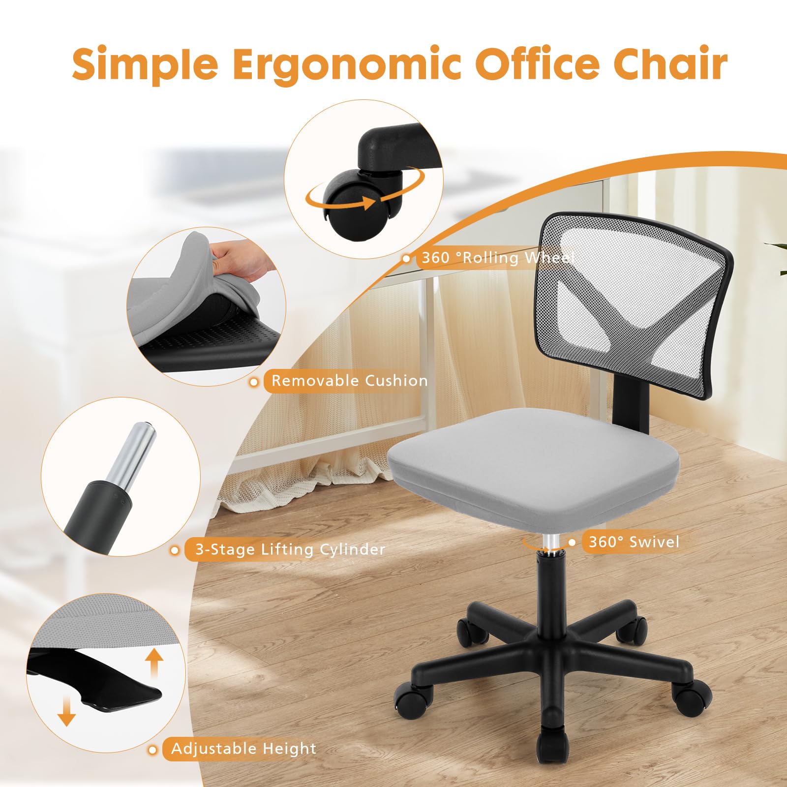 Sweetcrispy Small Office Computer Desk Chair with Armless Low Back Lumbar Support and Adjustable Height 360° Rolling Swivel Wheels without Arm for Small Space, Bedroom, Student