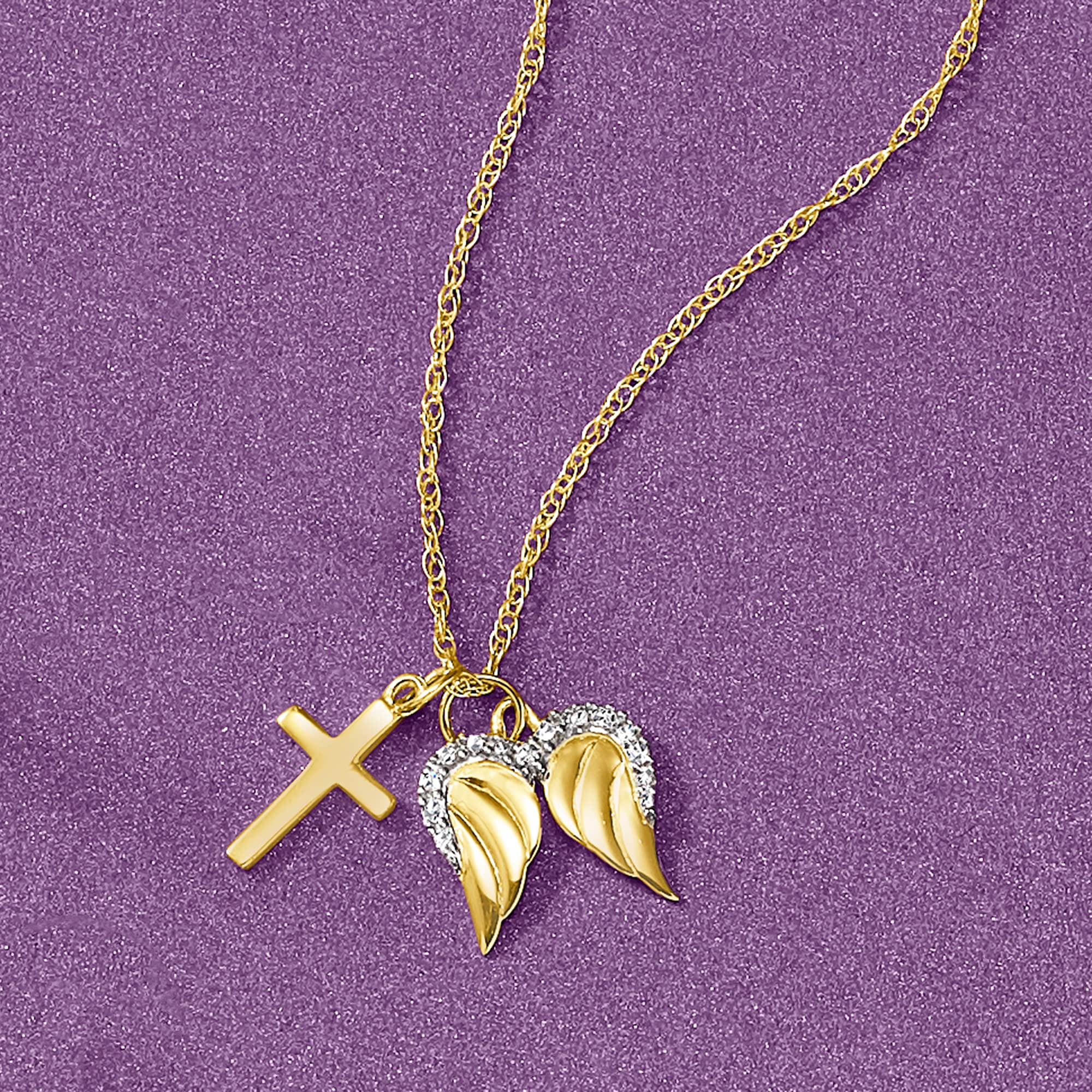 Ross-Simons 14kt Yellow Gold Cross and Angel Wings Pendant Necklace With Diamond Accents. 18 inches