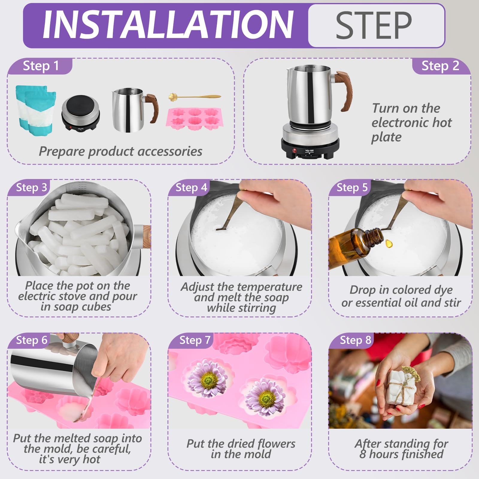 Soap Making Kit with Electronic Hot Plate, Soap Melter for Soap Making, DIY Soap Making Supplies Including 1.1 lb Glycerin Soap Base, Pouring Pot, Silicon Mold for Adults and Beginners