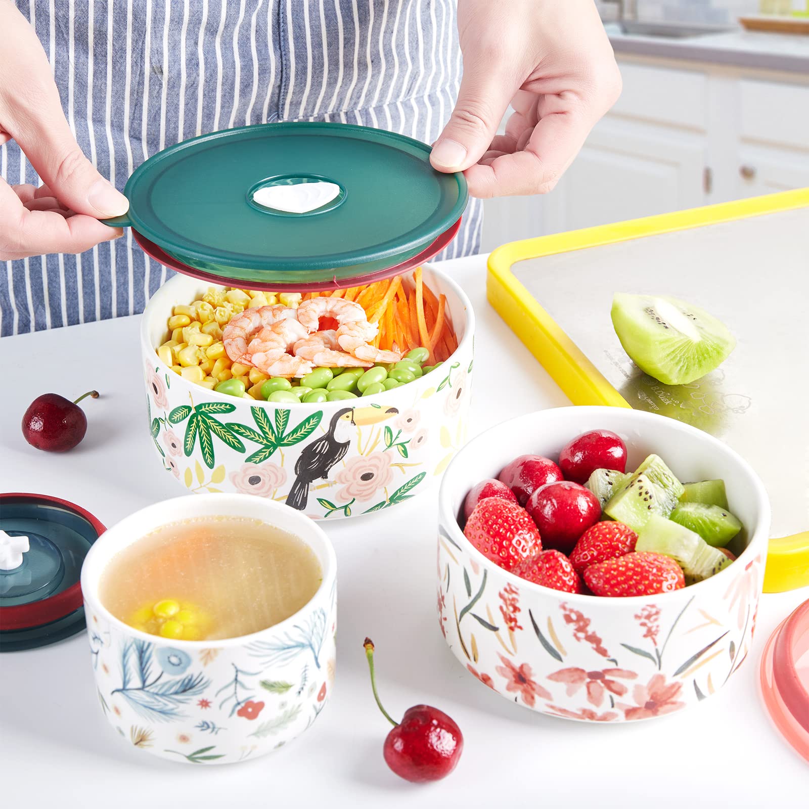 Thousandaynight Ceramic Containers with Lids, 3 Piece Serving Bowls Set, Microwave & Dishwasher Safe, For Soup, Salad, Rice, Cereal, Breakfast, Dinner, Serving, Oatmeal (Pink)