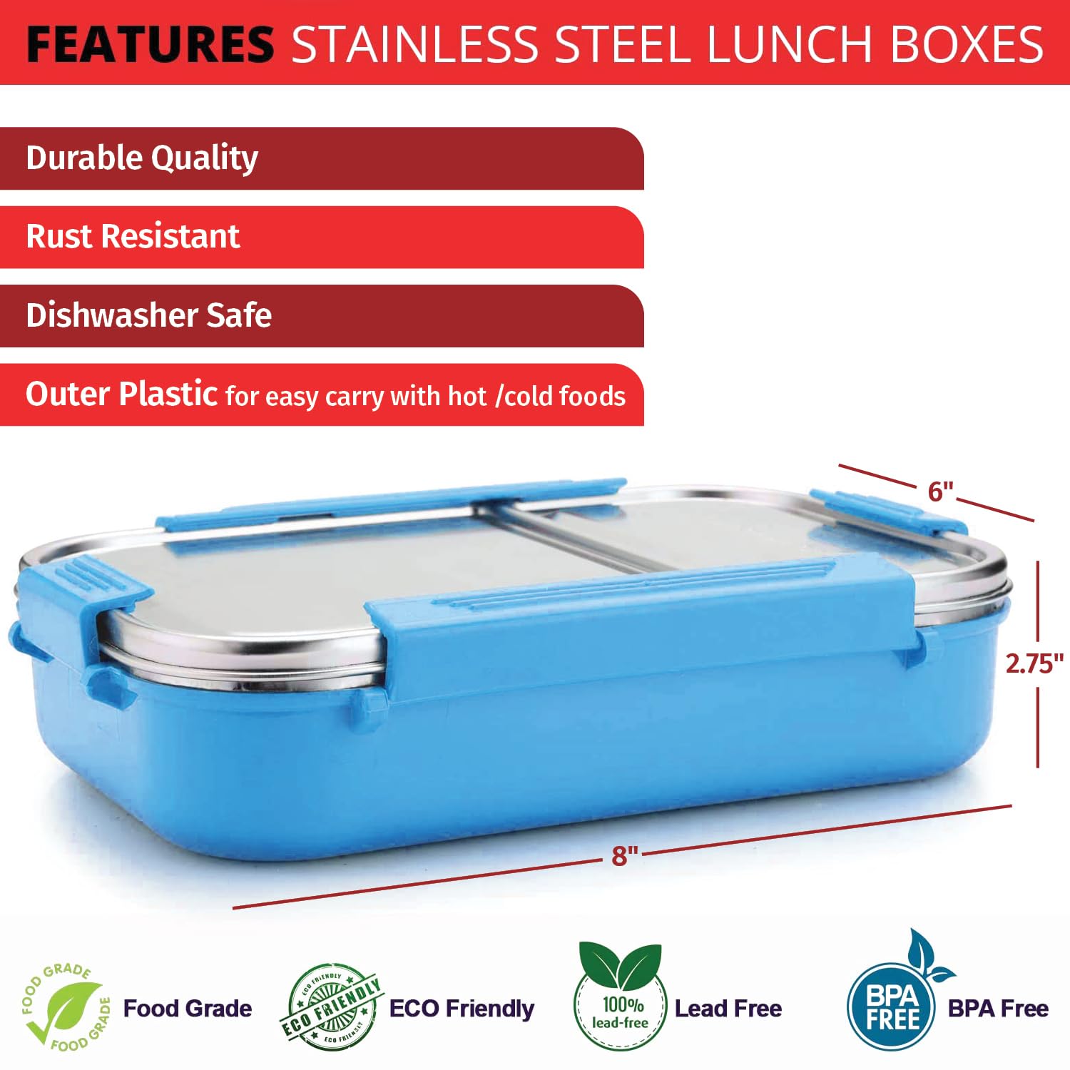 Signoraware Stainless Steel Bento Box For Men, Blue, 34 Oz, Leakproof Between 2 Compartments, Portion Control, Easy To Carry