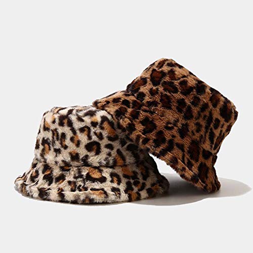 Women's Leopard Print Faux Fur Bucket Hat Fluffy Winter Warmer Plush Fisherman Cap
