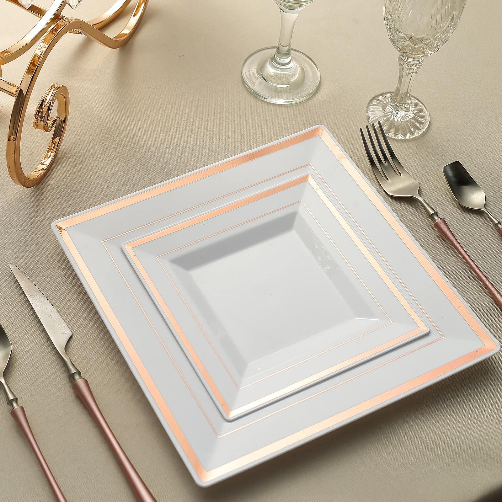 Tableclothsfactory 20 Pack 7" White Disposable Plates Square Plastic Plates Salad Dessert Plates With Shiny Rose Gold Rim For Weddings