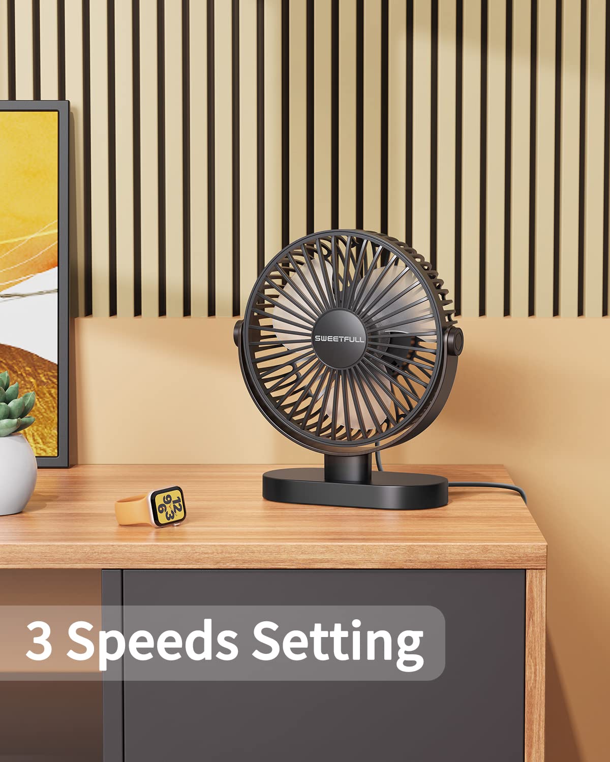 SWEETFULL USB Desk Fan Small Quiet - 3 Speeds Mini Personal Portable Fan 360° Rotation Adjustable, 6 Inch Office Table Cooling Gadgets on Desktop (Black)