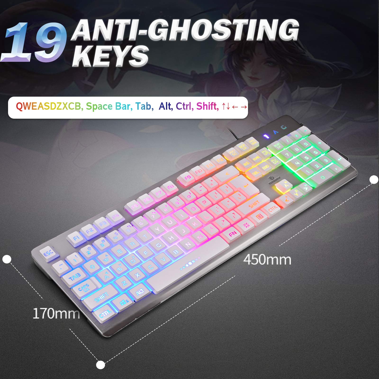 Wired Illuminated Gaming Keyboard for PC/Computer/Laptop, CODORIX Full-Sized Gaming Keyboard with Rainbow Lighting and 19 Anti-Ghosting Keys, White