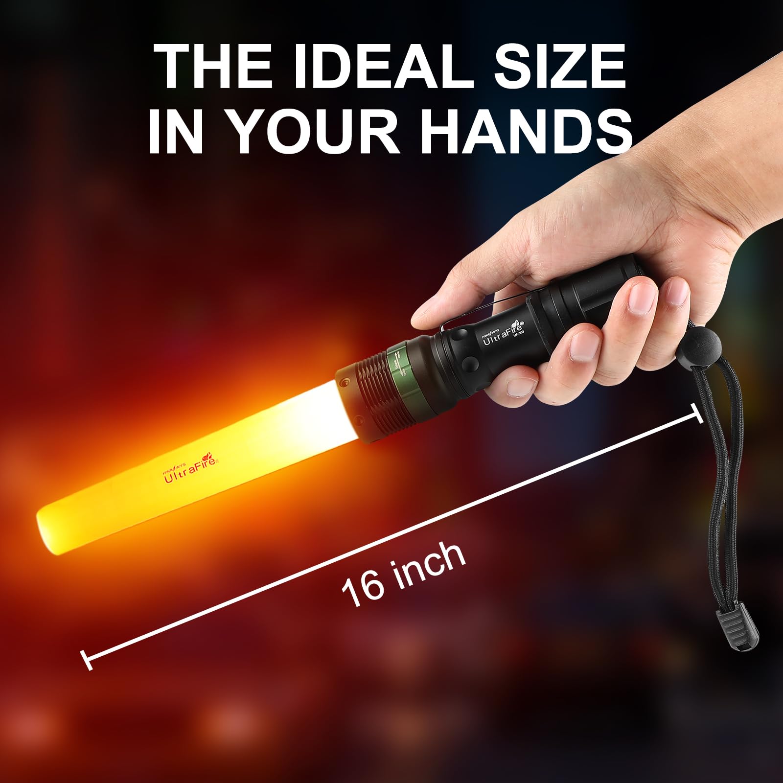 UltraFire 11-Inch Signal Traffic Wand LED Flashlight with Strobe Mode, Wrist Strap Lanyard, 250 Lumens, Orange Finish