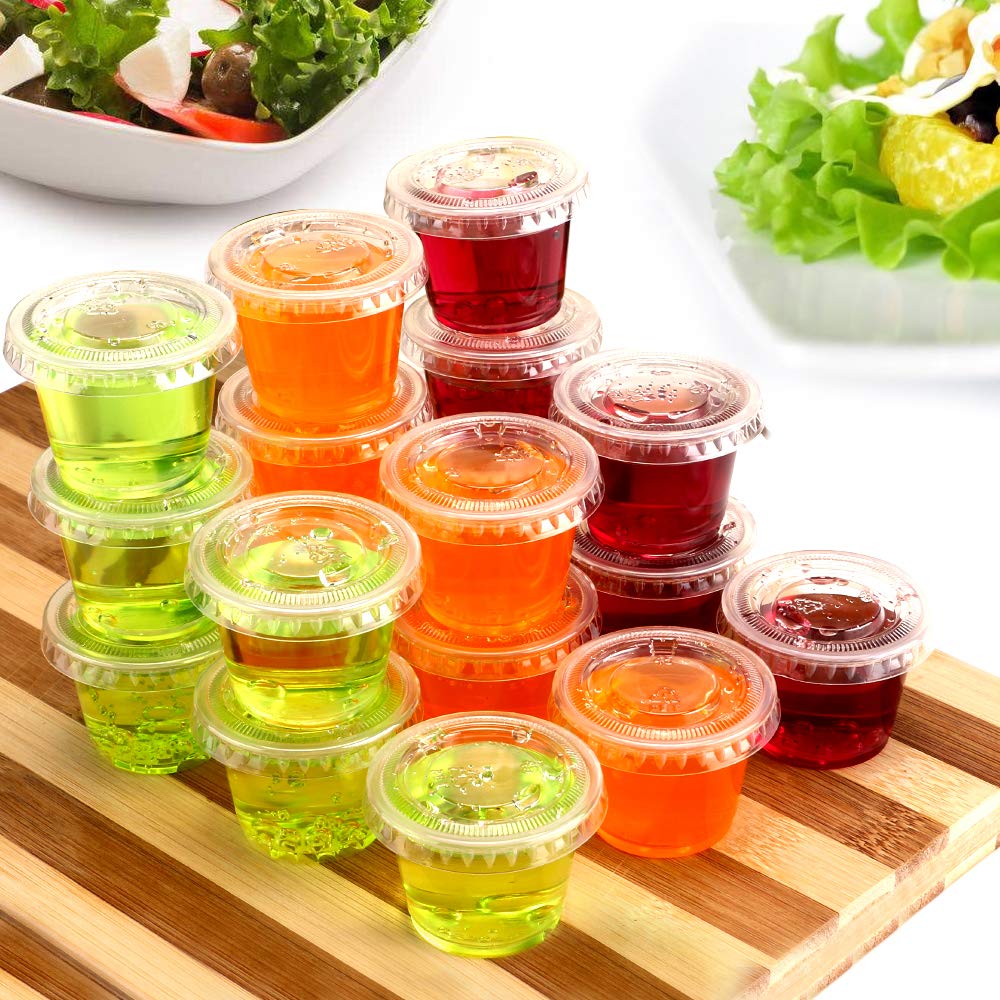 TashiBox 1oz-100 Sets Plastic Disposable Jello Shot Cups with Lids/Souffle Portion/Sauce Salad Dressing/Condiment Cups, 100 pack Clear Plastic Disposable Food Containers with Lids (1 Ounce)โฆ
