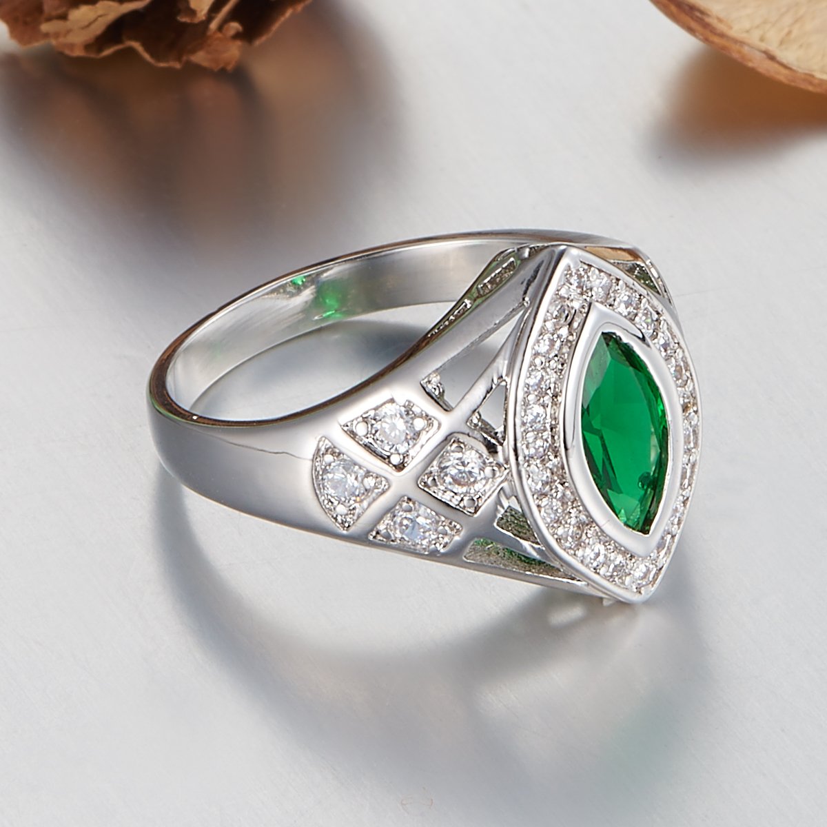 Psiroy 925 Sterling Silver Plated Marquise Cut Created Emerald Quartz Filled Ring Band for Women
