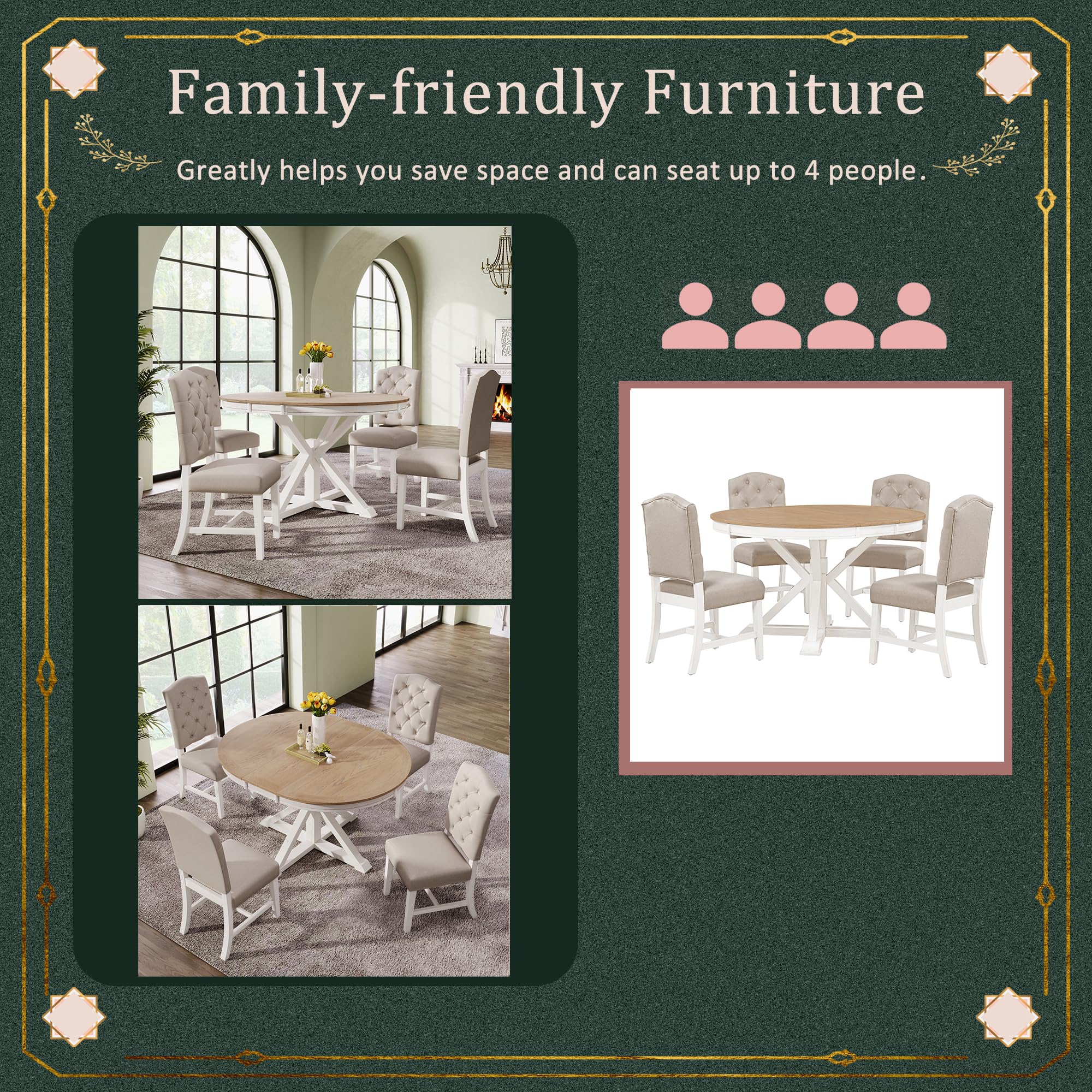 RUNWON Retro Style 5-Piece Extendable Round Dining Table Set with 4 Upholstered Chairs for Kitchen, Oak Natural Wood + Off White