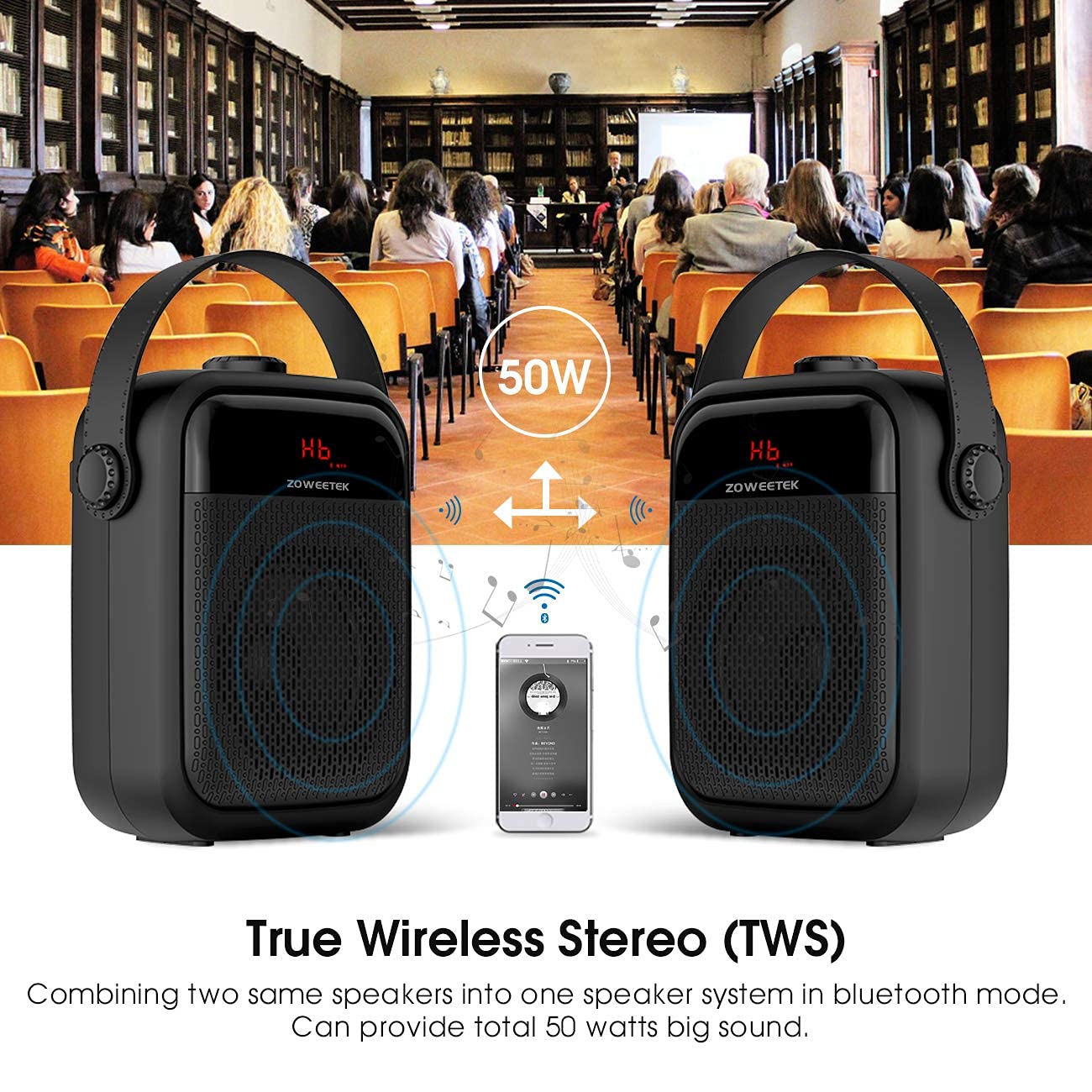 ZOWEETEK wireless voice amplifier for teachers with 2 Microphones,25W Portable voice amplifier buletooth PA system Speaker for Classroom, Meetings,Speech and Outdoors