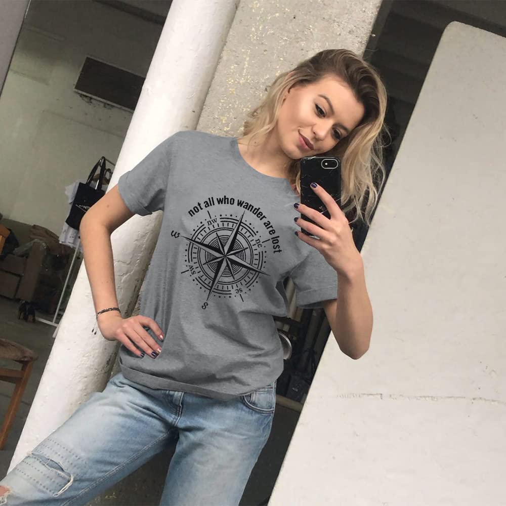 Womens Graphic T-Shirt Not All Who Wander are Lost Letters Print Compass Funny Tees for Women Summer Casual Athletic Shirts Grey