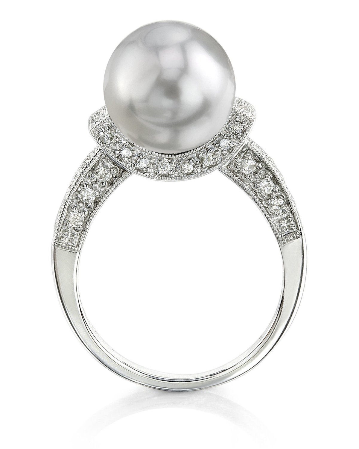 The Pearl Source 18K Gold 10-11mm round Genuine White South Sea Cultured Pearl & Diamond Ring for Women