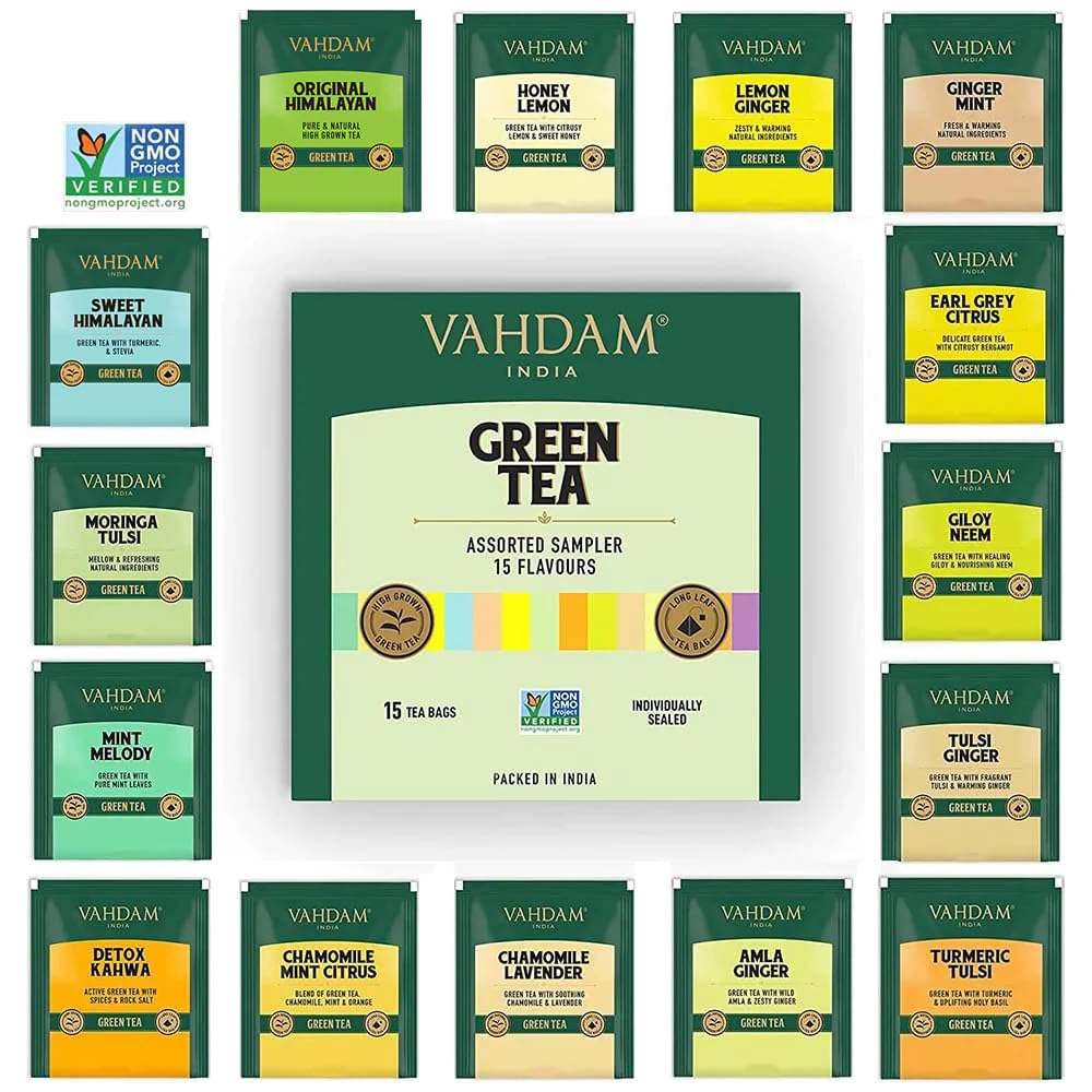 VAHDAM, Assorted Green Tea Sampler Gift Set (15 Flavors, 15 Count) Gluten Free, Non GMO | Tea Variety Pack - Long Leaf Pyramid Green Tea Bags Variety Pack | Gifts For Him/Her | Gifts for Women & Men