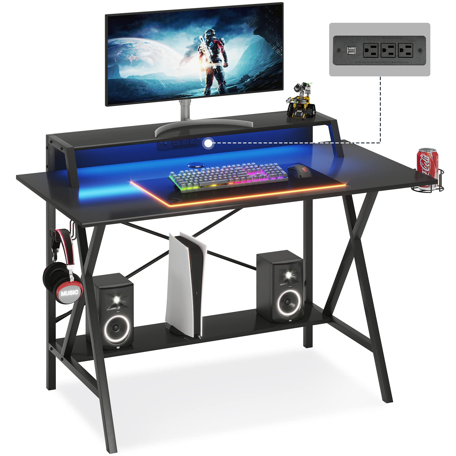 SEDETA Gaming Desk, 47" Gaming Table, E-Sports Computer Desk, Gaming Workstation Desk, PC Stand Shelf Power Strip with USB Cup Holder & Headphone Hook Home Office Desk Gamer Desk Writing Table, Black