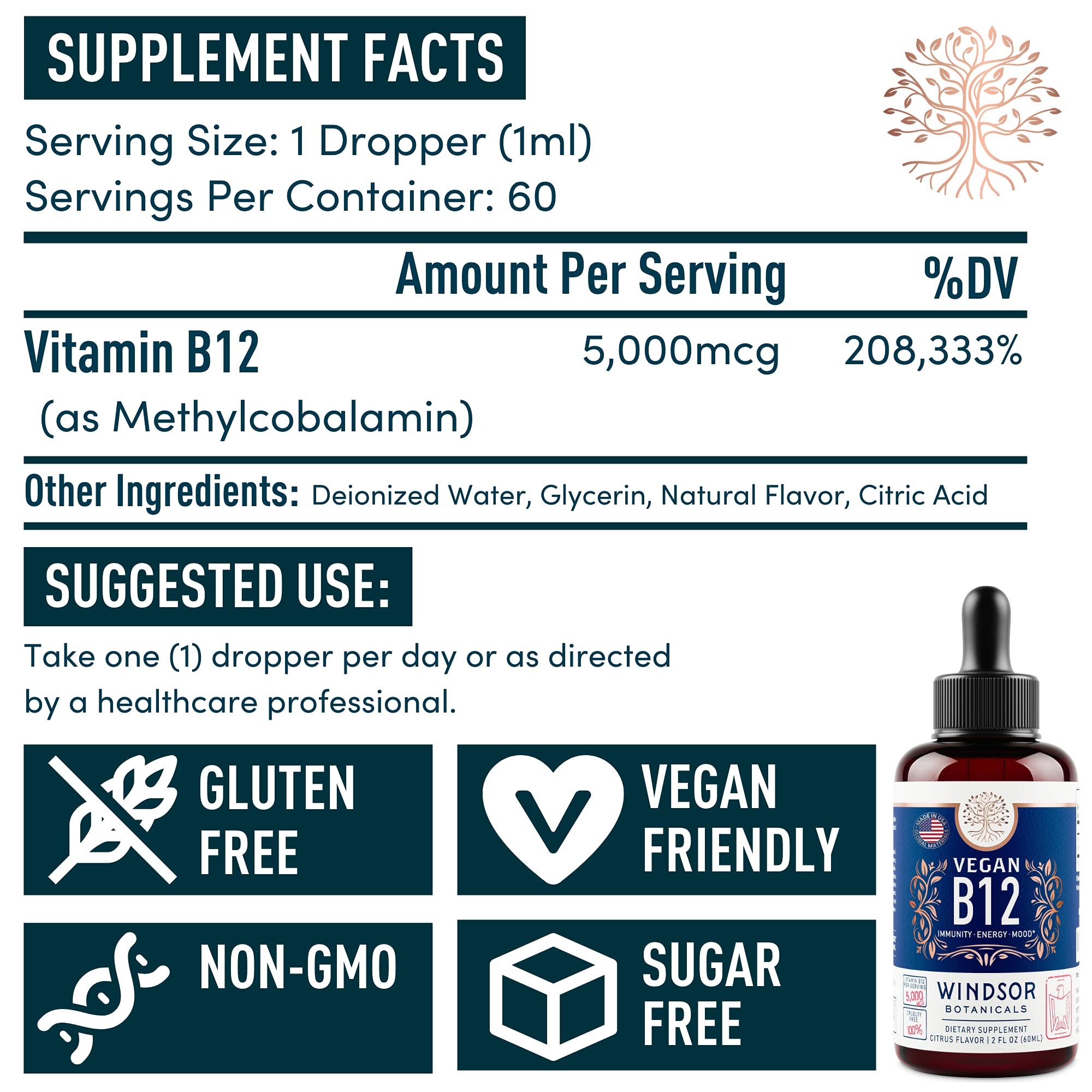 Vegan Vitamin B12 Liquid - Max Strength B12 Vitamins 5000 mcg Methylcobalamin Supplement - Liquid Vitamin B12 Sublingual Drops - Liquid B12 Vitamins Mood, Energy Support - Citrus Flavor B 12, 2oz