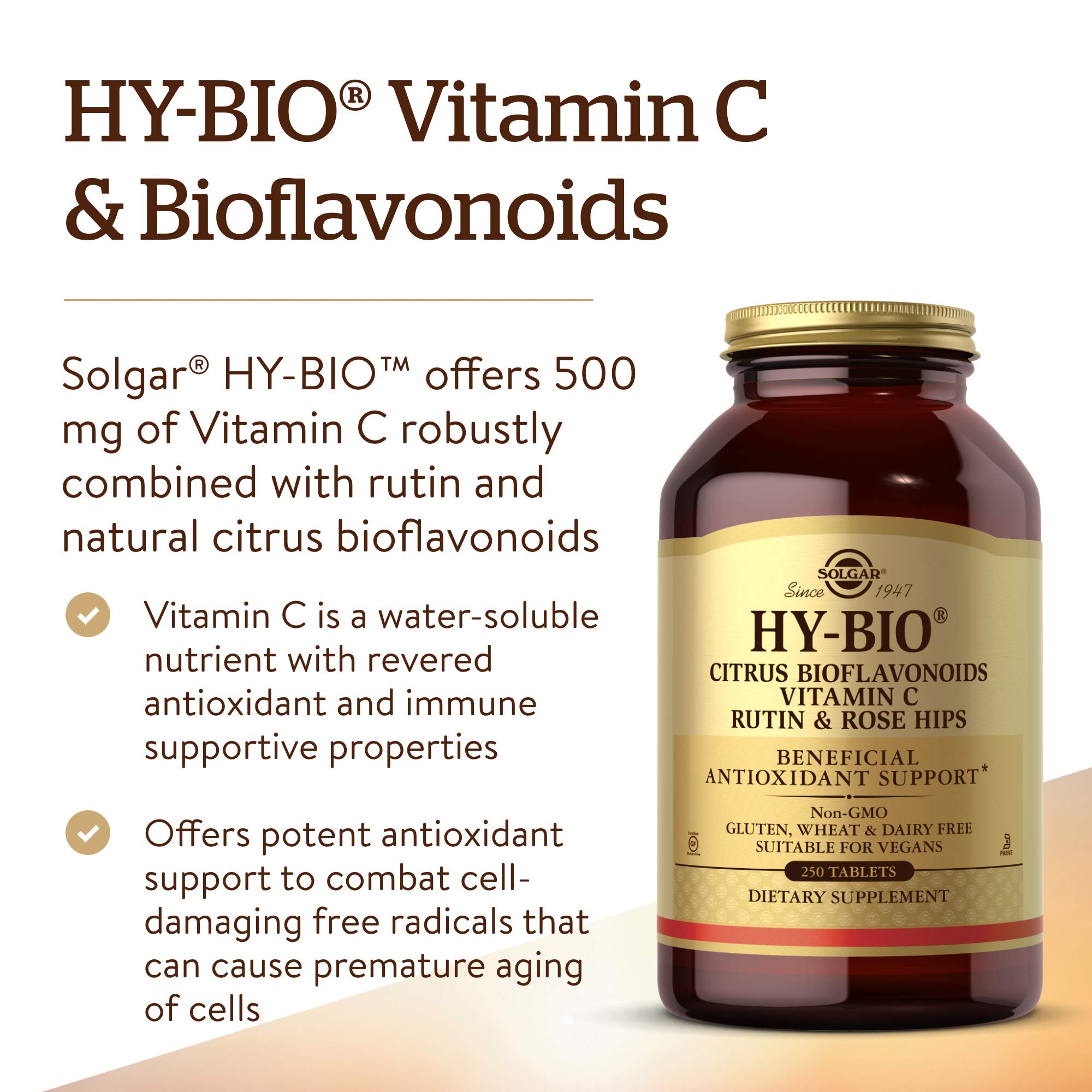 Solgar HY-BIO, 250 Tablets - Antioxidant & Immune Support - Citrus Bioflavonoids, Vitamin C, Rutin & Rose Hips - Non-GMO, Vegan, Gluten Free, Dairy Free, Kosher - 250 Servings