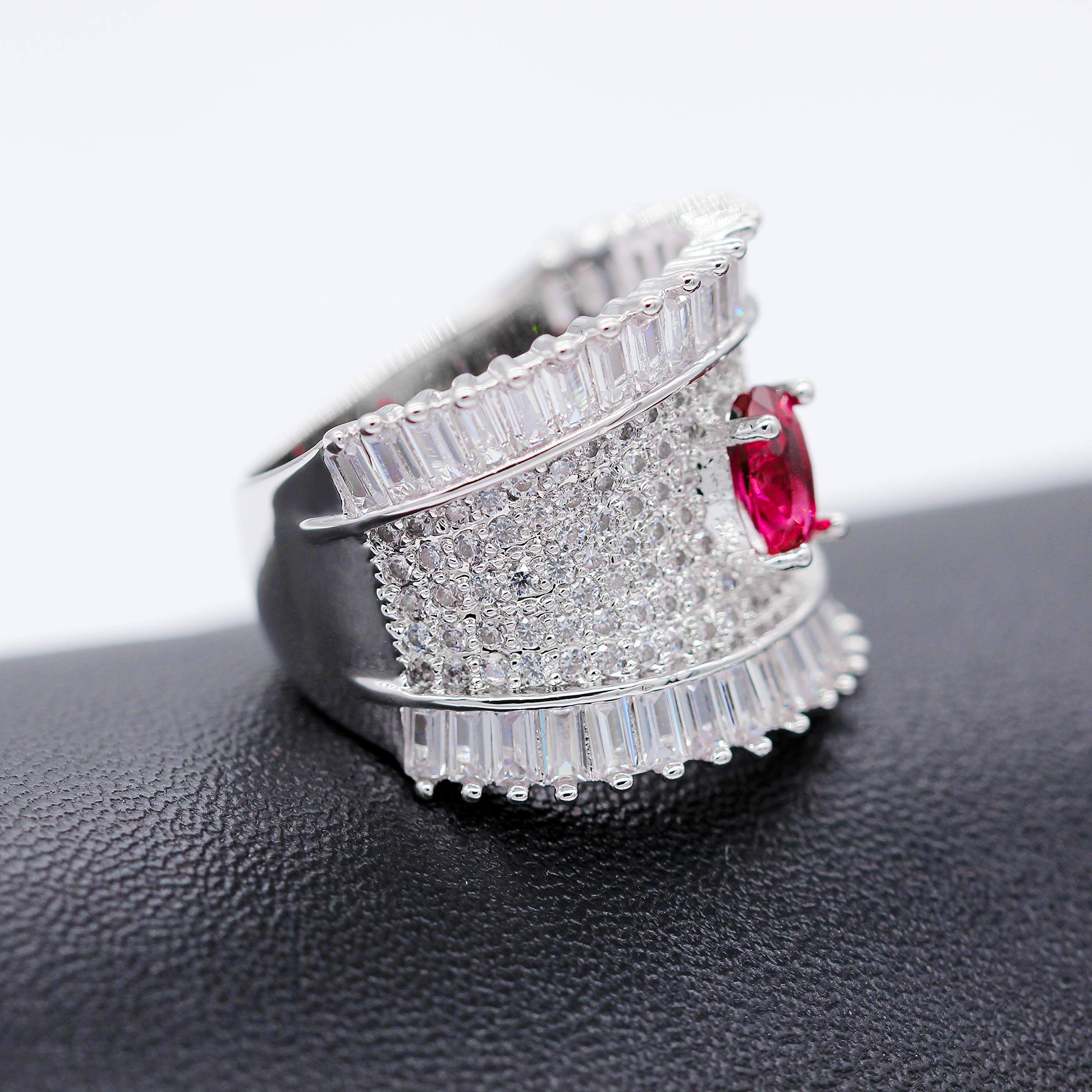 Uloveido Large Anniversary Red Eye Ring Pave Cubic Zirconia Rhodium Plated - Nice Christmas Gifts Present for Women JZ083 (Size 8)