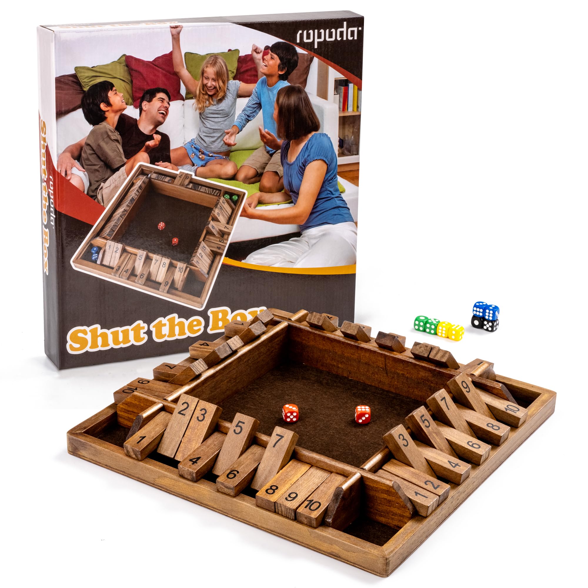 ropoda 14 Inches 4-Way Shut The Box Dice Board Game (2-4 Players) for Kids & Adults [4 Sided Large Wooden Board Game, 8 Dice + Shut-The-Box Rules] Smart Game for Learning Addition – Vintage Style