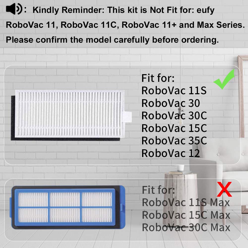 Replacement Parts kit for Eufy RoboVac 11S, RoboVac 30, RoboVac 30C, RoboVac 15C,RoboVac 12, RoboVac 35C, Robot Vacuum cleaner Accessory Kit,6 Filters,6 Side Brushes,1 Main Brush,1 Pre Filter