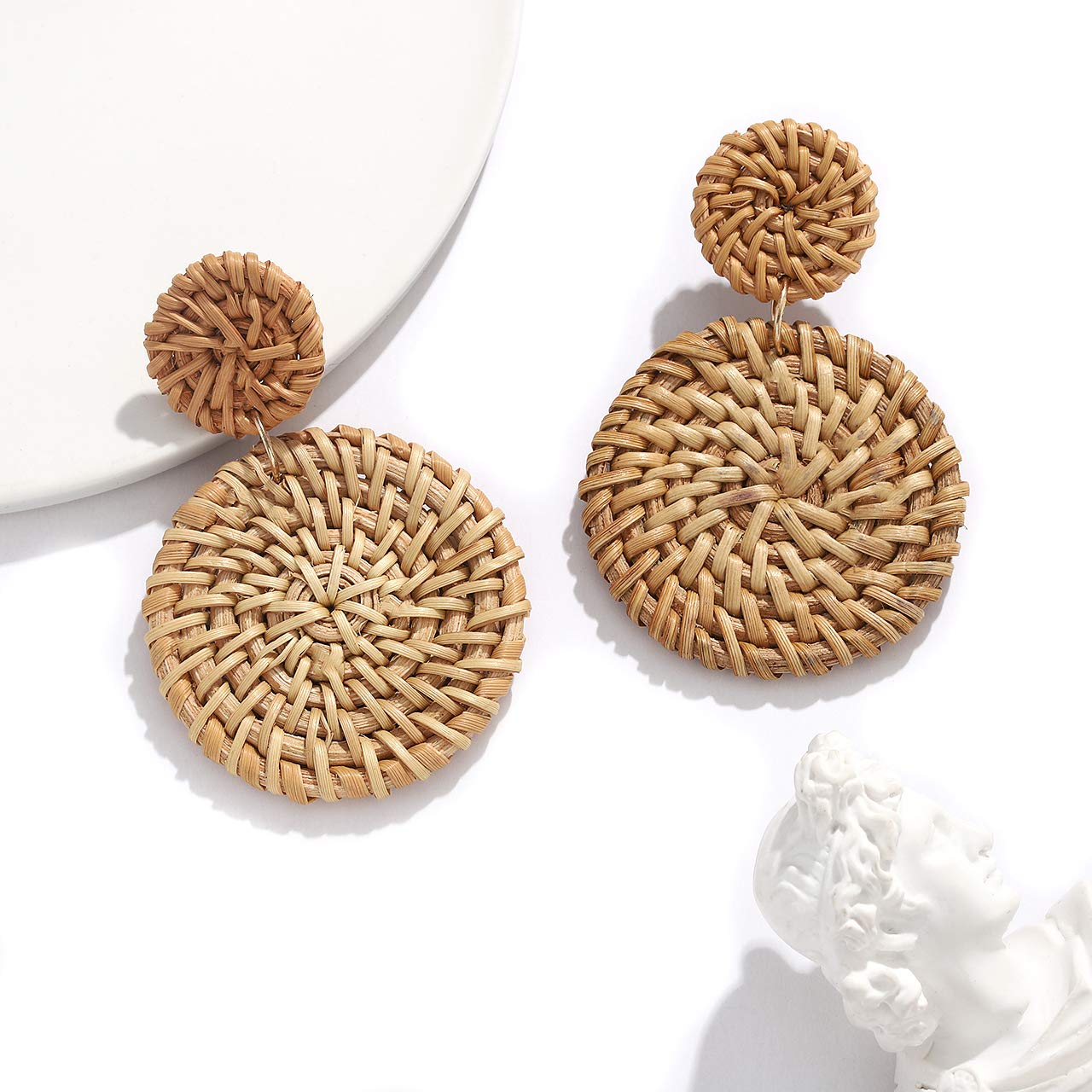 Rattan Earrings for Women Handmade Lightweight Wicker Straw Stud Earrings Statement Weaving Braid Drop Dangle Earring (Dark Rattan Disk)