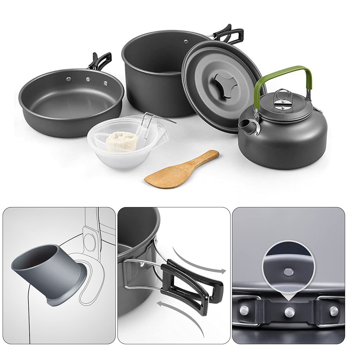 Swiftrans Aluminum Outdoor Camping Cookware Set, Folding Cookset Camping Teapot and Pans Set Equipment,Lightweight Pots, Pans with Mesh Set Bag for Backpacking, Hiking, Picnic