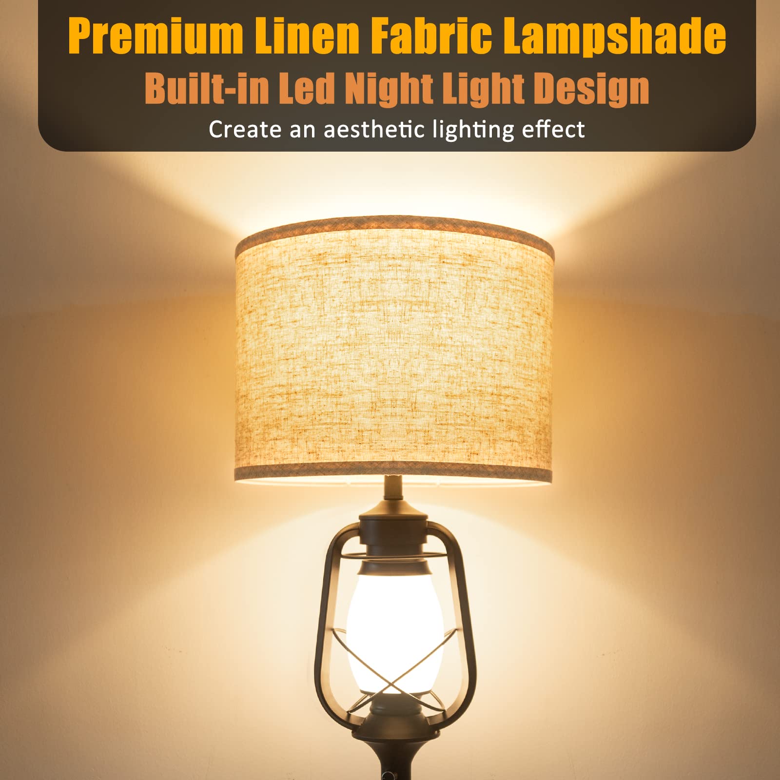 Rustic Farmhouse Floor Lamp with LED Night Light, 2-Light Tall Standing Lamp, Vintage Pole Light with Beige Linen Drum Shade,Industrial Black Stand Up Lamp for Bedroom, Living Room, Reading, Office