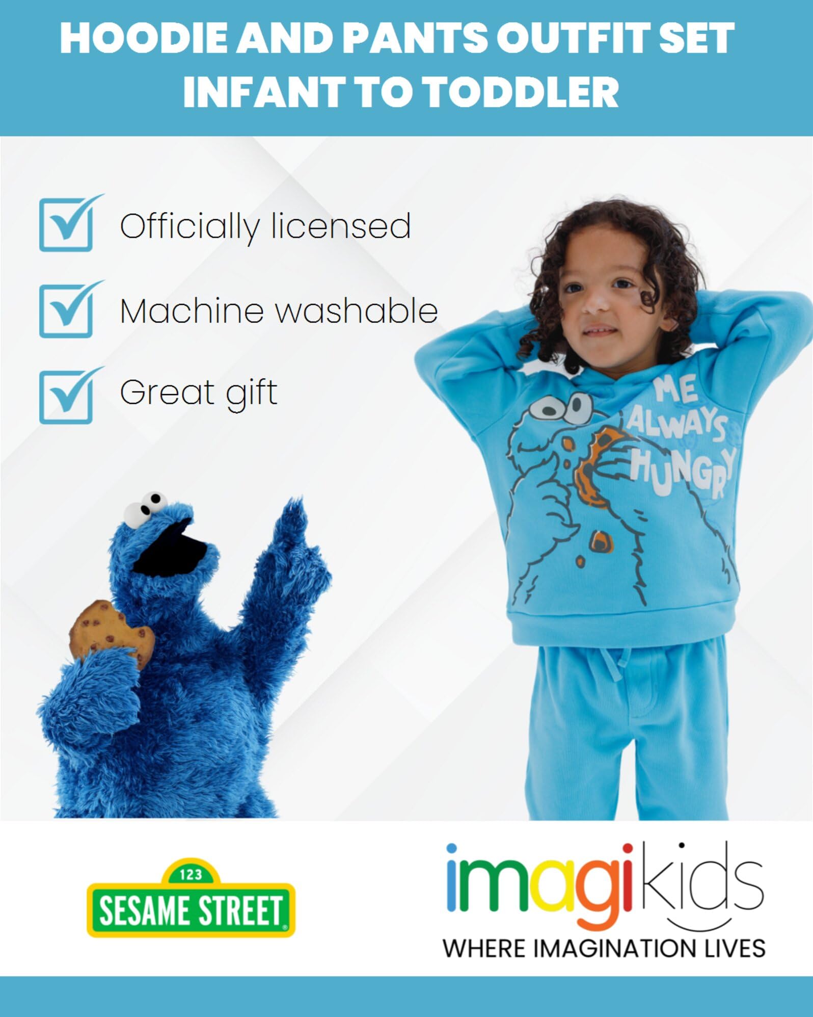 Sesame Street Cookie Monster Toddler Boys Fleece Pullover Hoodie and Pants Outfit Set Blue 3T