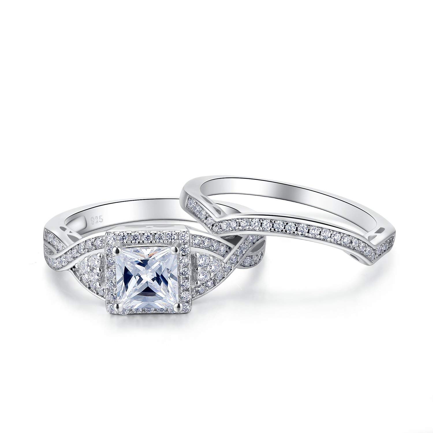 Sterling Silver 2 Pieces Princess Cut Cubic Zirconia Cross Shank Bridal Engagement Wedding Halo Ring Set,10