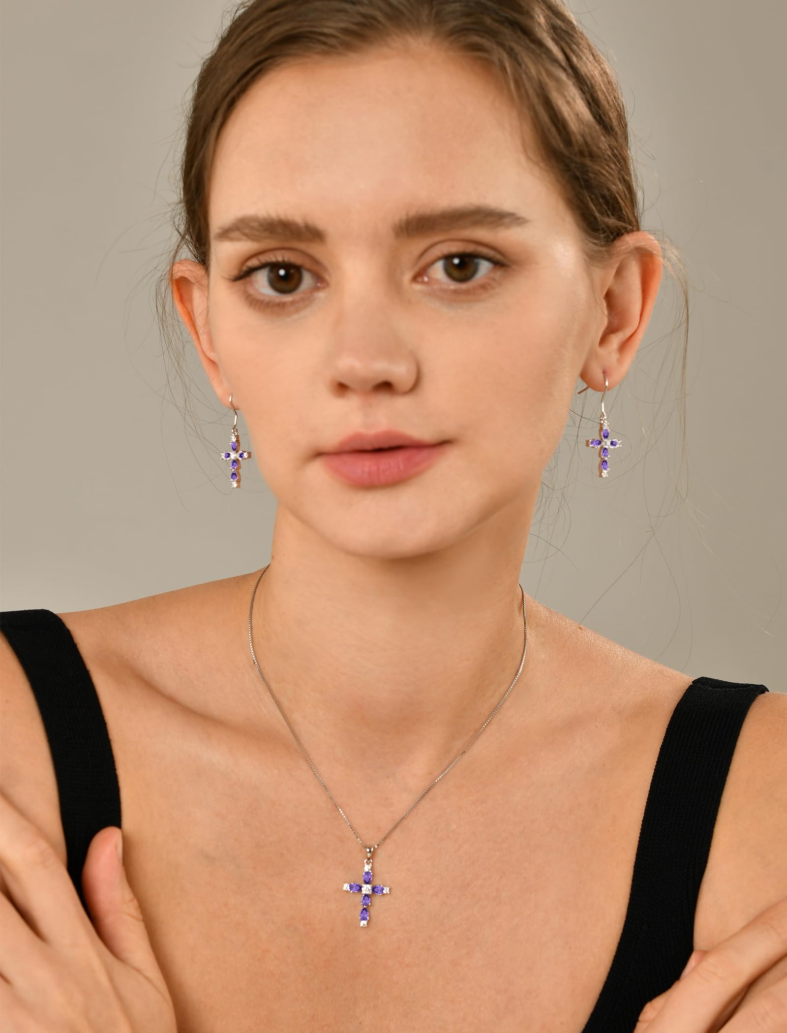YL Cross Necklace 925 Sterling Silver Created Amethyst Pendant Religious Jewelry 18K White Gold Plated Gemstone Christian Baptism Gift