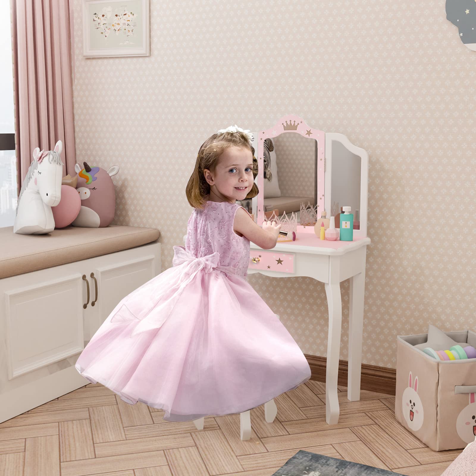 VALUE BOX Kids Vanity Table and Stool for Makeup Dressing with Mirrors Drawers, White Pink