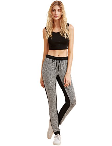 SweatyRocks Women's Drawstring Waist Long Workout Yoga Active Pant with Pocket DARK Grey Black XX-Large