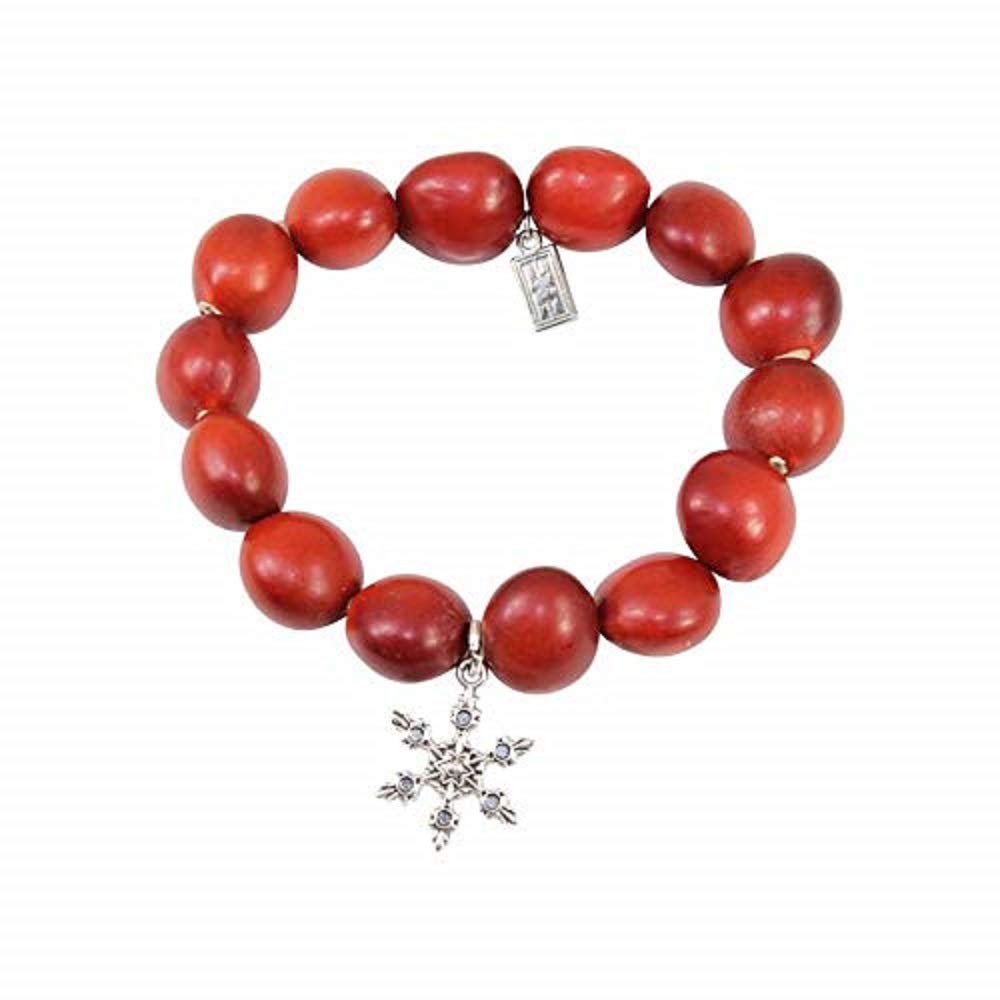 Silver Snowflake Christmas Holiday Charm - Stretchy Adjustable Beaded Bracelet for Women 6.5” - 7.5” w/Meaningful Good Luck Huayruro Seeds Beads - Great gifts for Mom, Daughter, Sister, Aunt