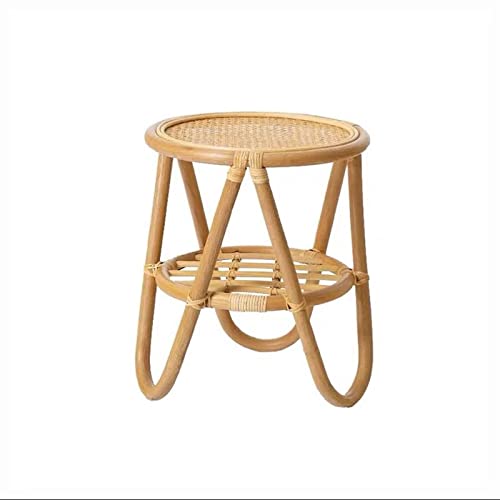 Sofa Side Table Couch Table Natural Rattan Round Side Table with Storage Shelf, Nightstand Modern End Table for Living Room Bedroom Office Small Spaces, Hand-Woven Rattan End Table Coffee Table