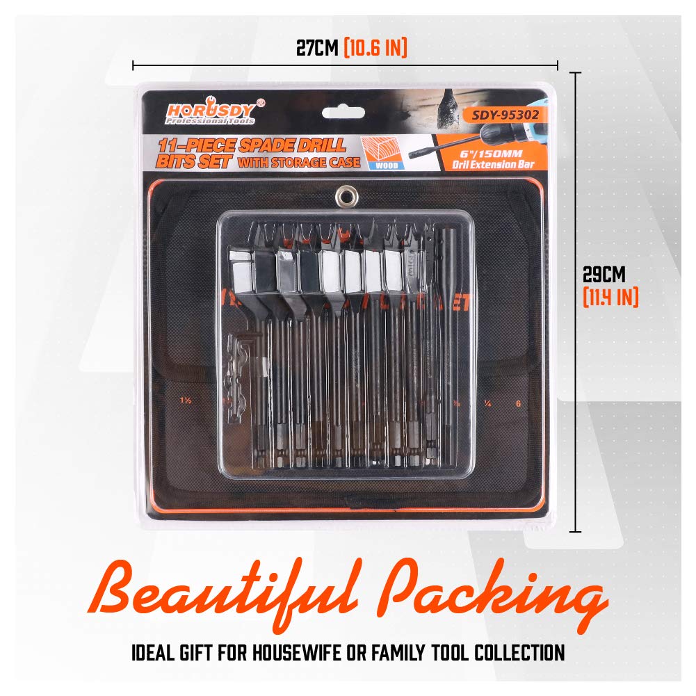 SEDY 11-Pieces Spade Drill Bit Set, Paddle Flat Bits with Extension for Woodworking, Industrial Grade Carbon Steel Black Coat, 1/4" to 1-1/2" with Storage Bag and Exquisite Packaging