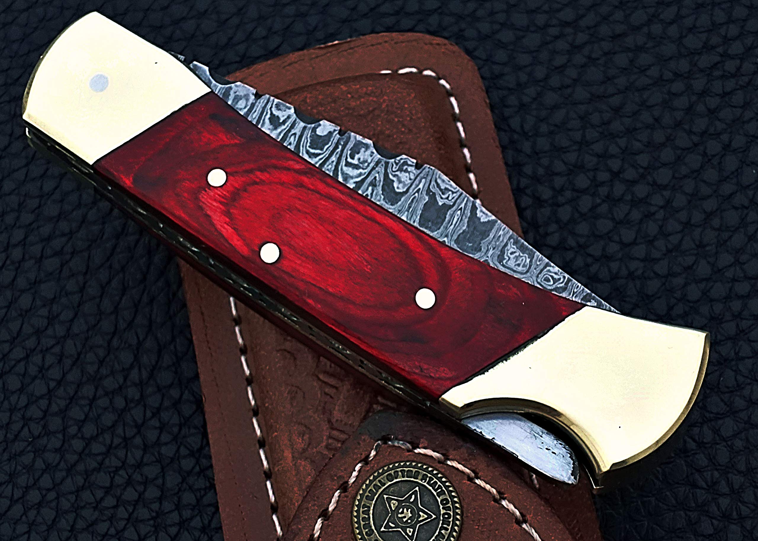 Smart & Sharp Custom Handmade Damascus Steel Folding Knife/Pocket Knife AR-17394 (Red Colored wood) (Red)