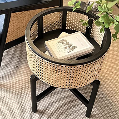 Sofa Side Table Couch Table Solid Wood Round End Table with Rattan Storage Basket, Rustic Side Table Sofa Side Table,Small Round Nightstand,Small Coffee Table for Living Room Bedroom End Table Coffee