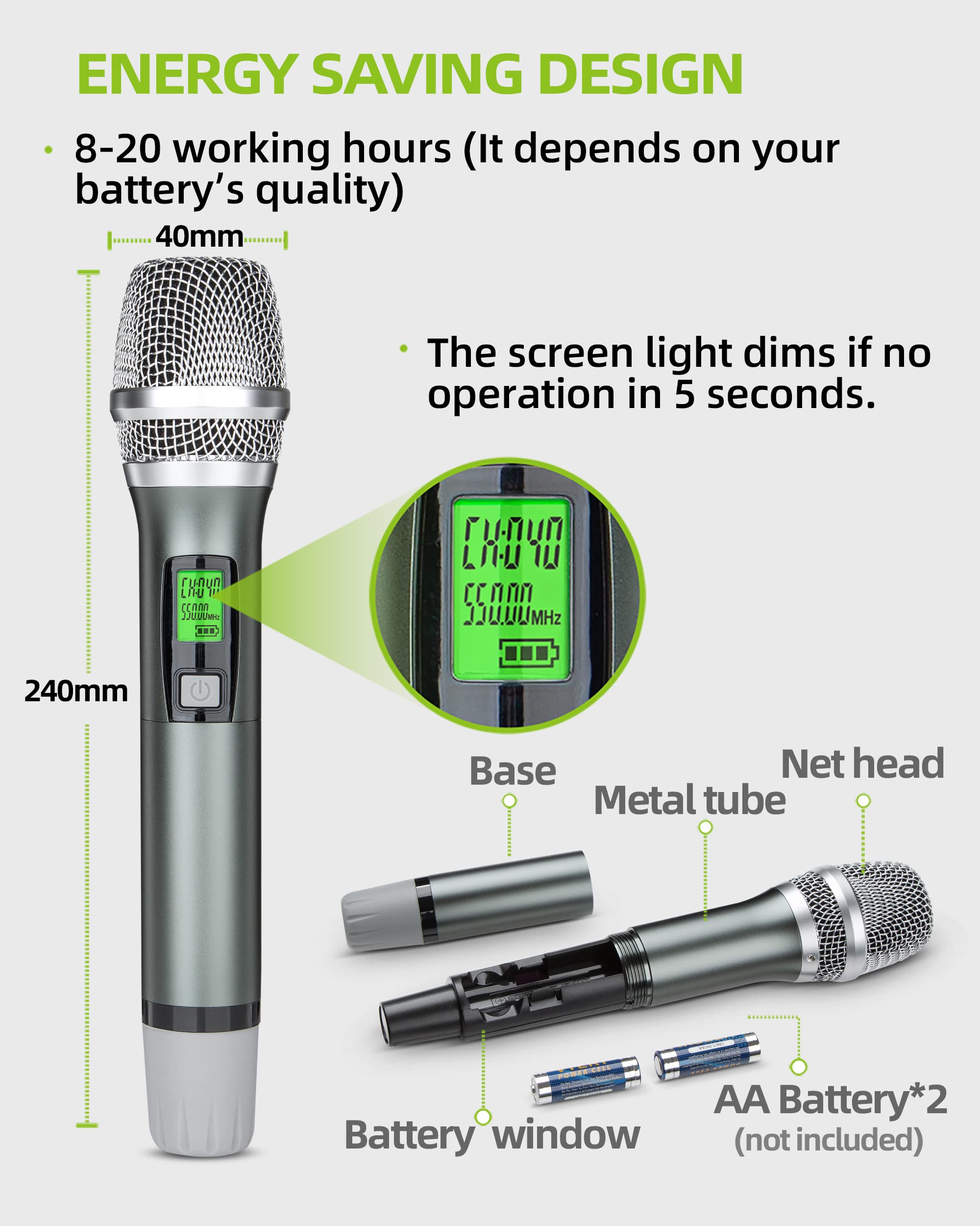 Wireless Microphone System, All Metal Dual UHF Cordless Mics of Handheld, 328ft Range, Ideal for Church, Conference and Karaoke, DJ, Wedding(KY-8208)