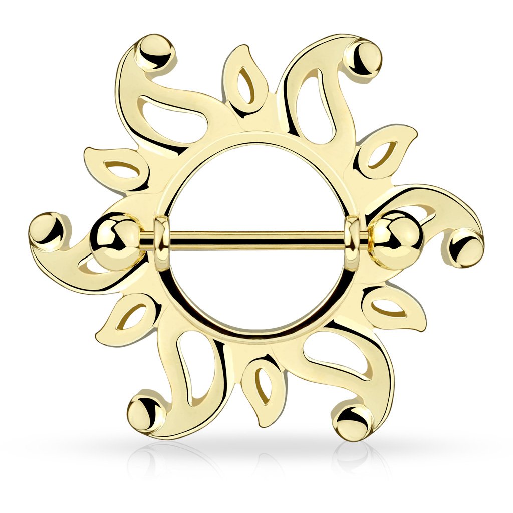 Swirling Sunburst Tribal Shield Nipple WildKlass Ring with 316L Surgical Steel WildKlass Barbell (Sold as Pair)
