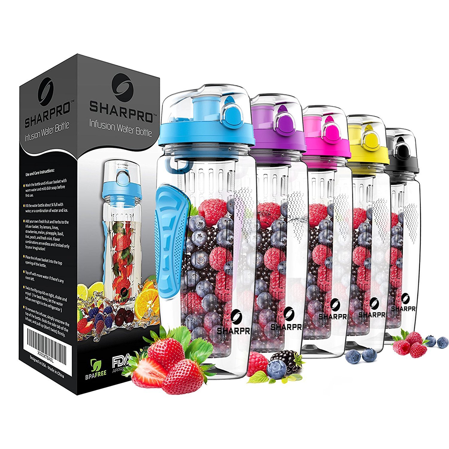 Sharpro 32 oz. Infuser Water Bottles With Sleeve - Featuring a Full Length Infusion Rod, Flip Top Lid, Dual Hand Grips With Cleaning Brush (Ocean Blue)