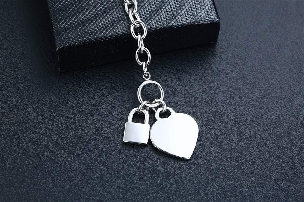VNOX Personalized Initial Name Stainless Steel Trendy Cable Chain Bracelet Neckalce Set with Padlock Heart Charm and Toggle Clasp Closure