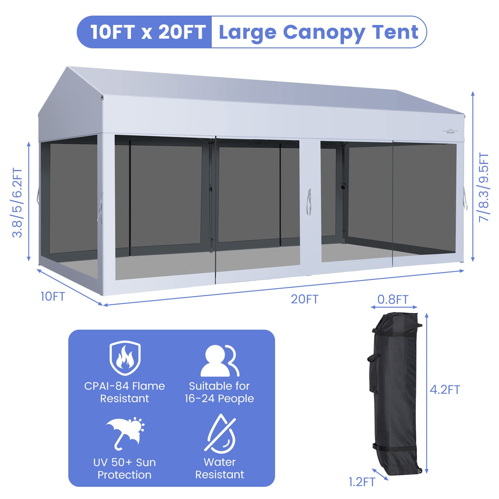 Tangkula 10x20 Ft Pop Up Canopy, Instant Outdoor Canopy with Mesh Side Walls, Center Lock, Wheeled Carrying Bag, 10 Stakes, 4 Ropes, Portable Folding Canopy for Camping, CPAI-84 Flame Resistant